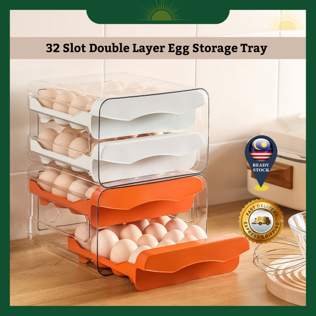 32 Grid 2 Layer Drawer Egg Holder Organizer Egg Storage Container ...