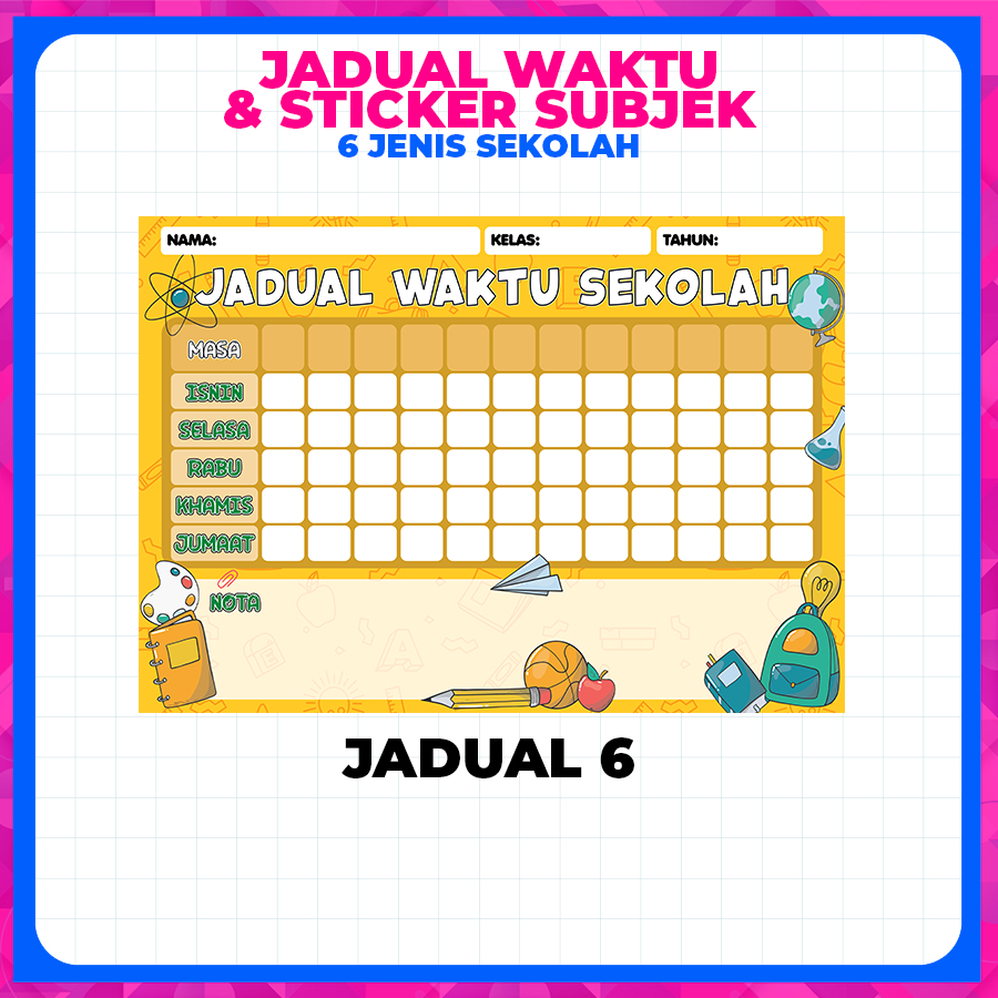 Jadual Waktu Kelas boleh ubah, Sticker Subjek 6 Jenis Sekolah Murid ...