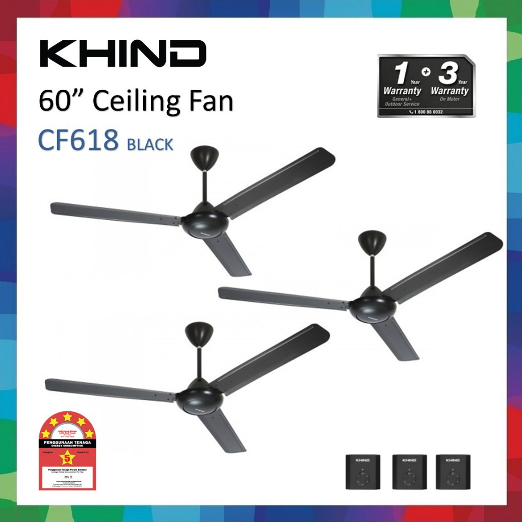 3 SET x KHIND 60" Ceiling Fan CF618 WHITE BLACK / Kipas Siling 3 daun ...