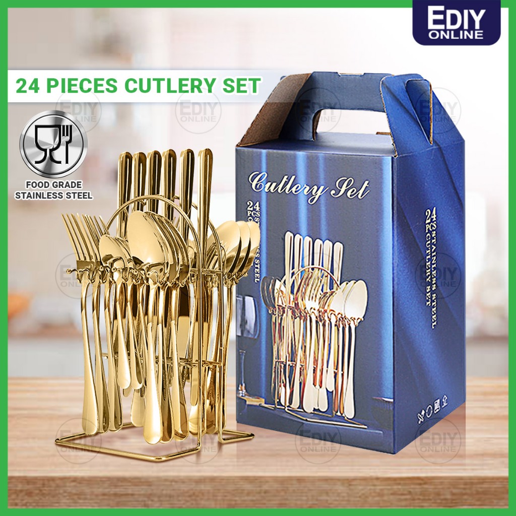 24 pcs Stainless Steel Cutlery Set Spoon Fork Knife Pisau Tea Sudu ...