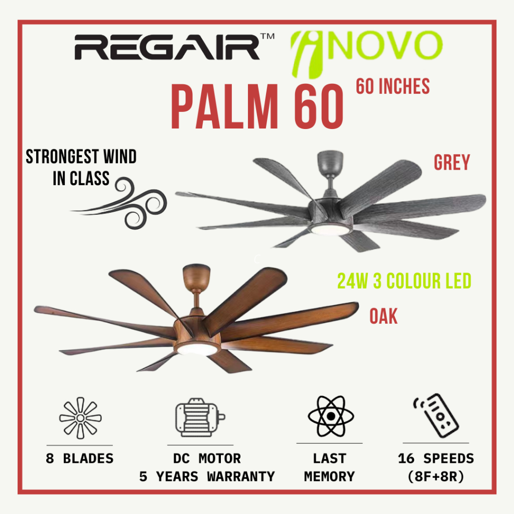 Regair Inovo Palm 60" Ceiling Fan Remote Control With Led Light 8 ...