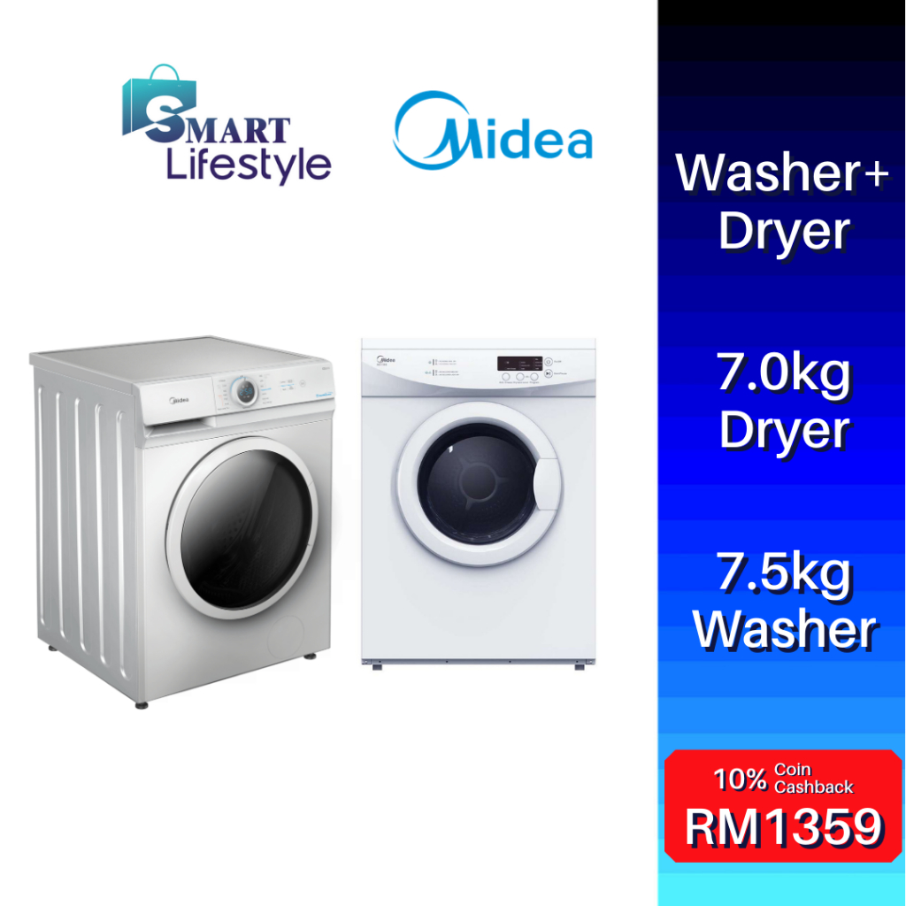 [Combo]Midea 7.5kg Front Load Washer MF100W75 + 7.0kg Dryer MD-7388 | Shopee Malaysia