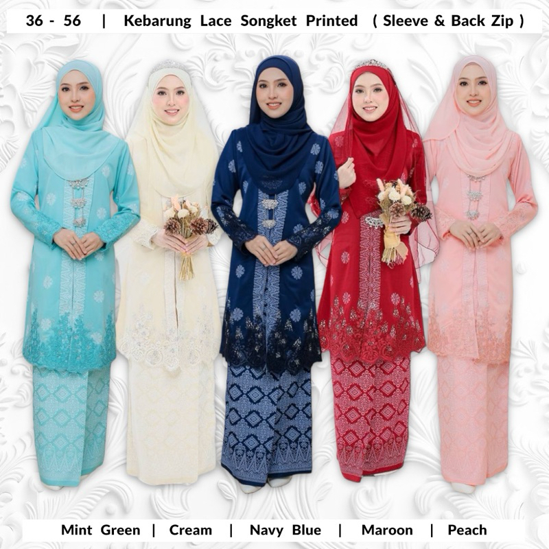 Kebaya Lace Songket Printed . Baju Raya 2024 . Kebarung Labuh Plus Size ...