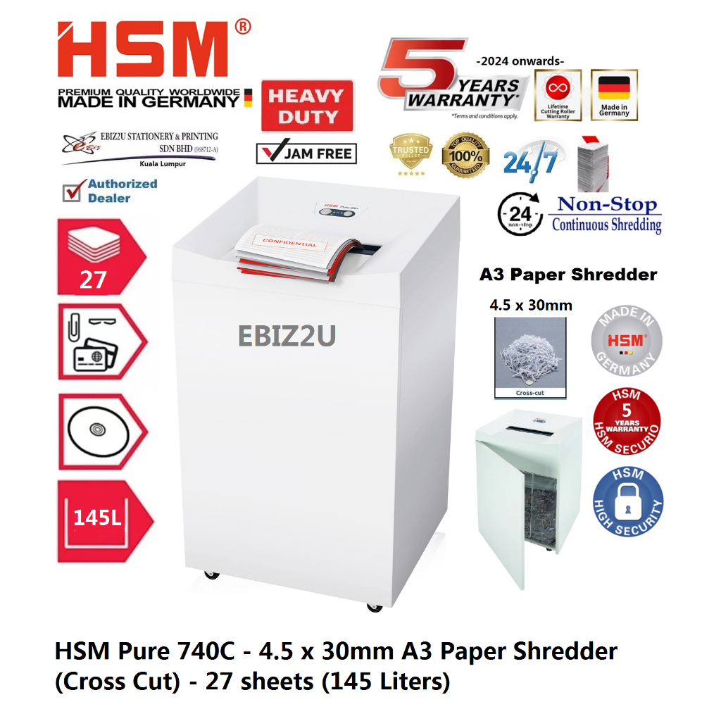 HSM Pure 740C - 4.5 x 30mm A3 Paper Shredder (Cross Cut) - 27 sheets ...