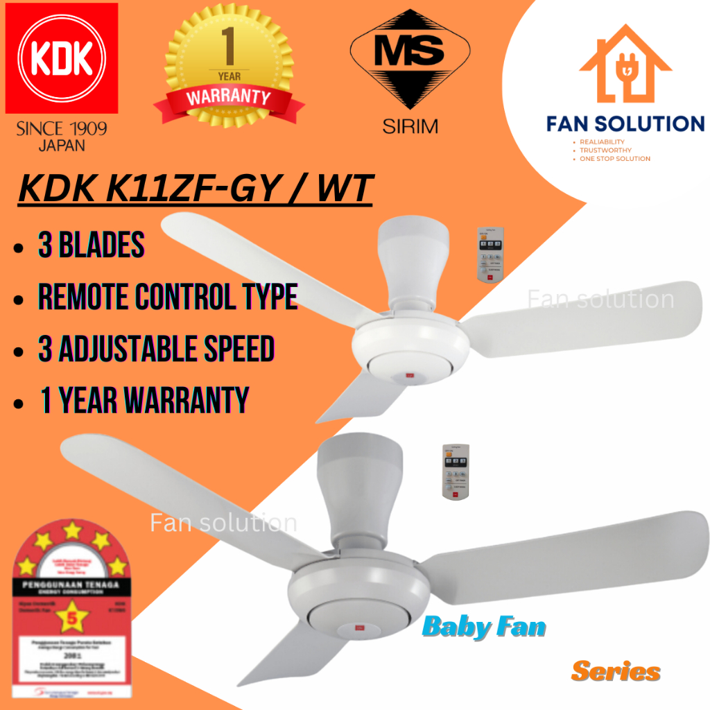 KDK K11ZF REMOTE CONTROL 3 BLADE BABY CEILING FAN. K11ZF-GY (GREY ...