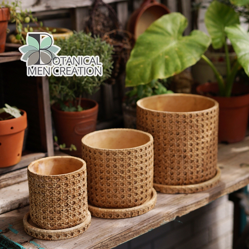 Modern Cement Plant Pots,Rattan Weave Pattern Planter with Drain Hole ...