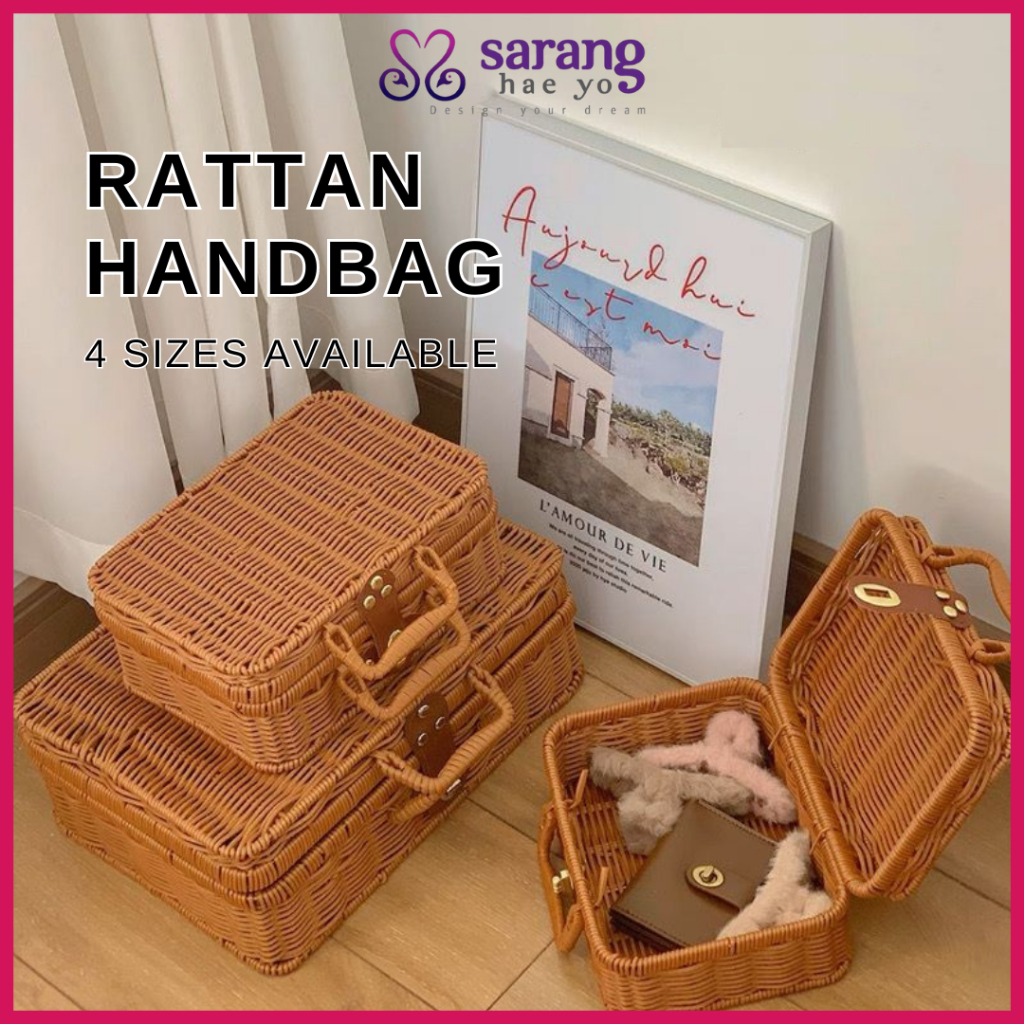 Vintage Rattan Basket Handbag Storage Case Makeup Kotak Bakul Rotan ...