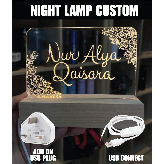 CUSTOM NAME ENGRAVE PLATE ACRYLIC + LED LIGHT | Lampu Tidur | GIFT ...