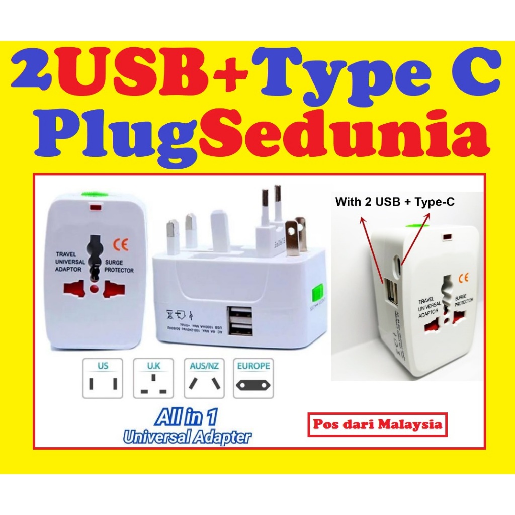 Universal International Travel Plug 3 Pin Dua USB Type C Port Power ...