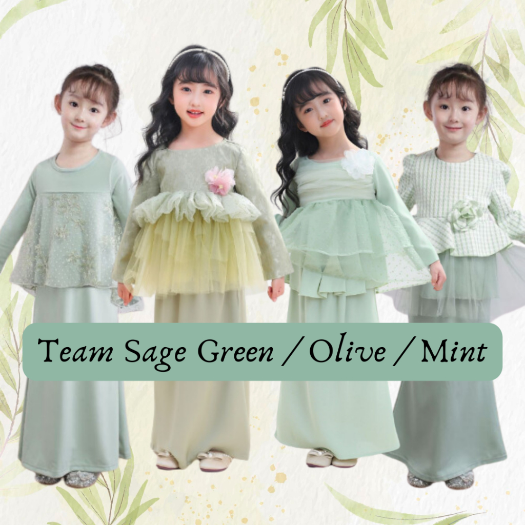 RAYA 2024 Kids Girl SAGE GREEN / OLIVE / MINT Kurung Moden / Peplum - ( Baju Kurung Budak ...