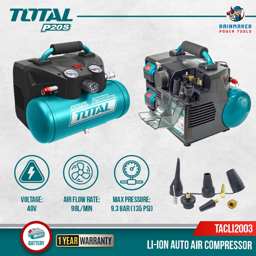 TOTAL Li-ion Auto Air Compressor (6L Tank) + FREE 8 pcs Accessories ...