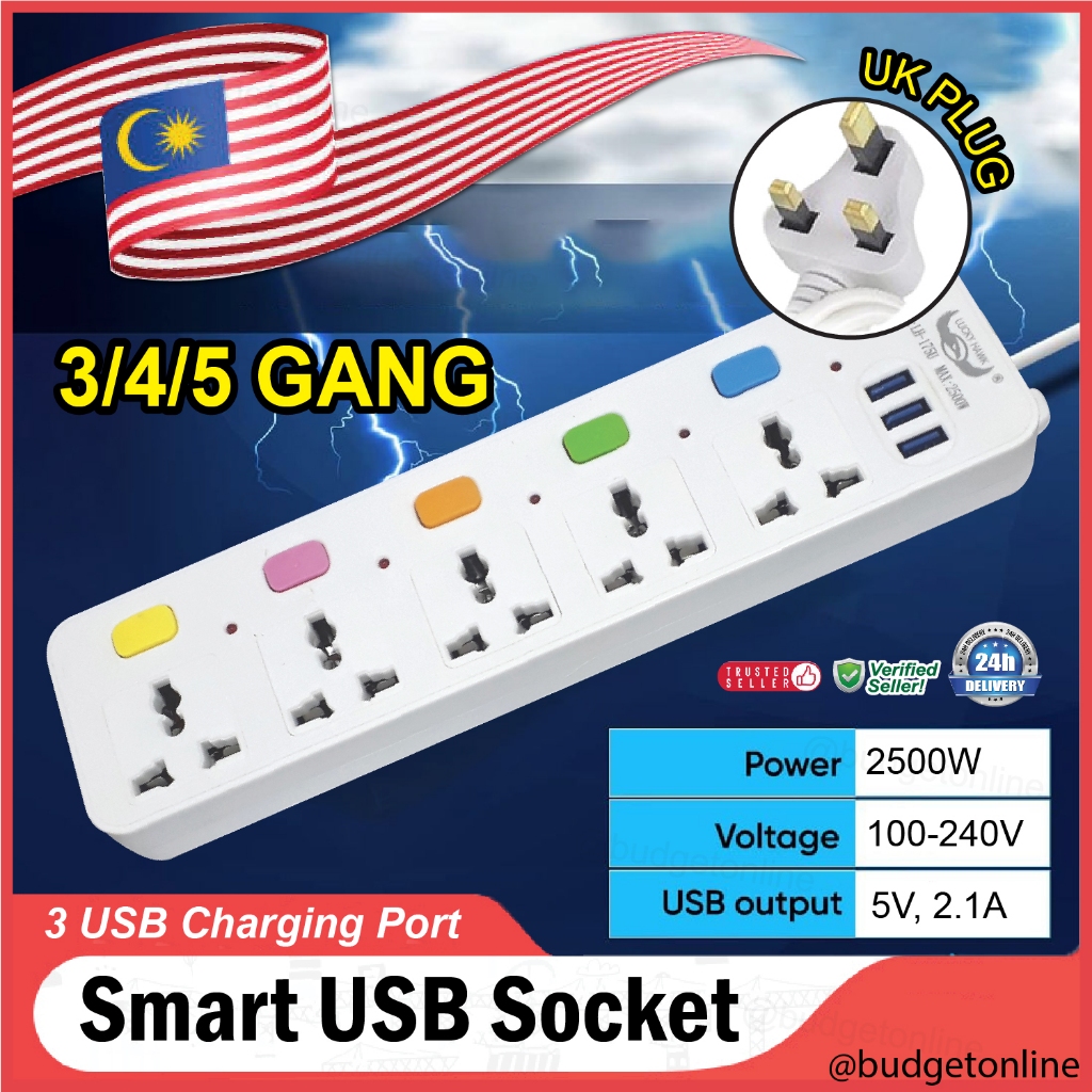 Universal Power Strip 3 Usb Charging Port Multi Switch Extension Socket Overload Protection