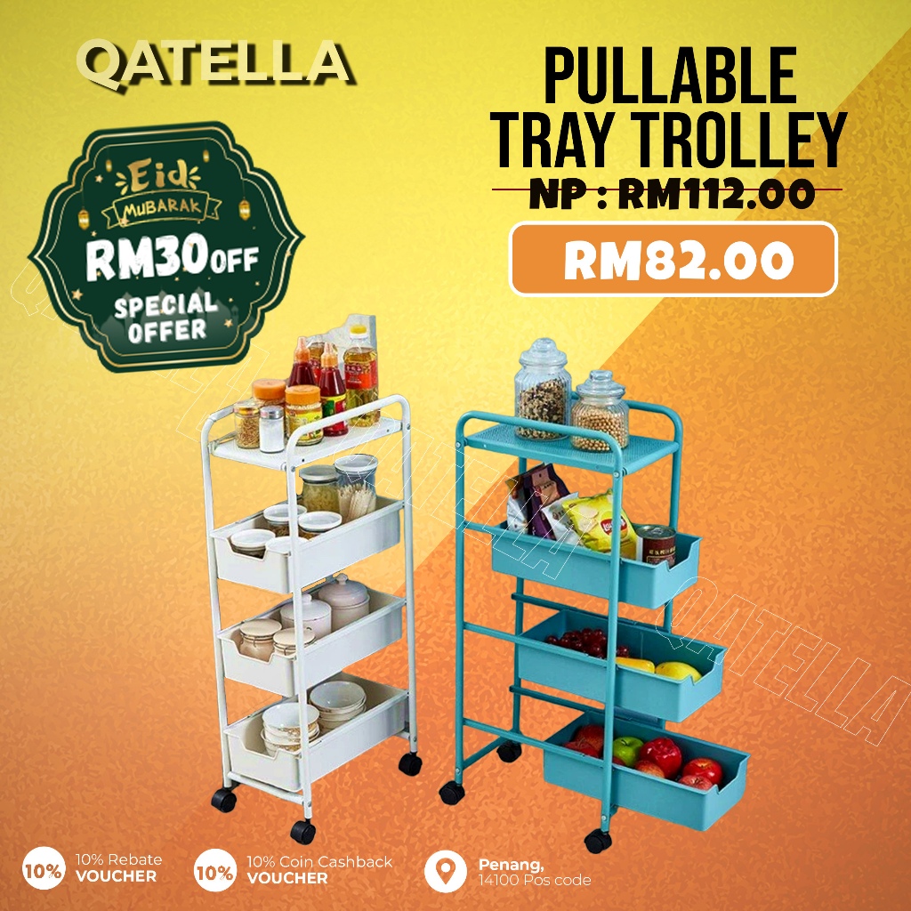 Qatella ABS Pullable Tray Trolley Kitchen Rack 3 Tiers Trolley Storage ...