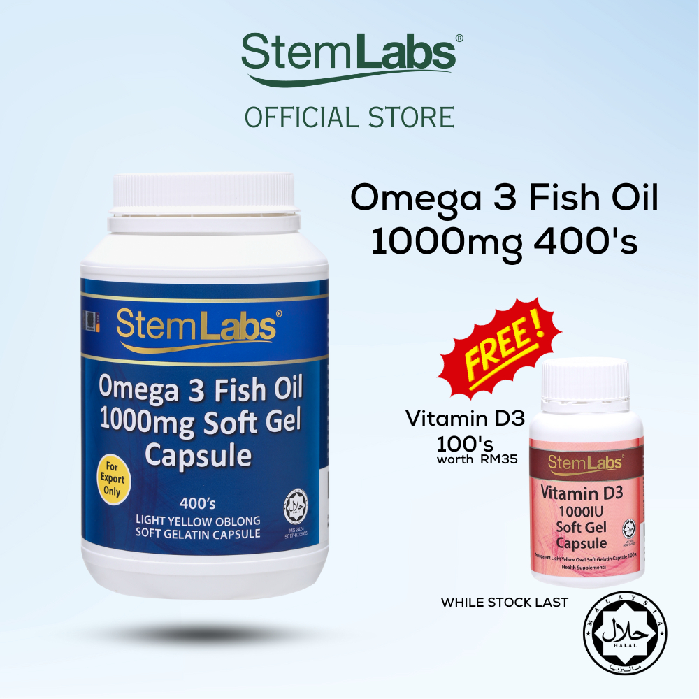 [JAKIM HALAL] StemLabs Omega 3 Fish Oil 1000mg (400 Capsules) FREE VITAMIN D3 100, Exp: 07/2026 ...