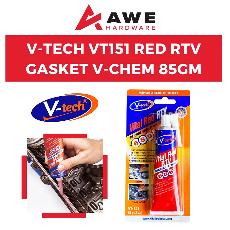 V-Tech Red RTV Gasket V-Chem VT151 85gm High Temperature Heavy Duty Cracking Seal Tampal Plate ...