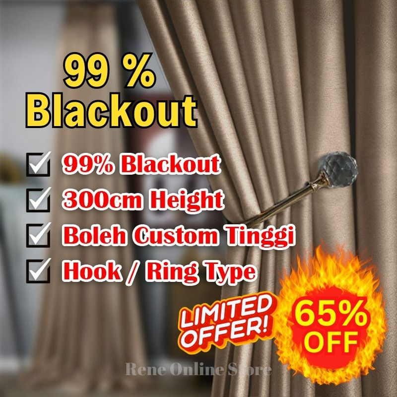 RENEOS 99% Blackout Curtain 300cm Height Langsir Sliding Door Curtain ...