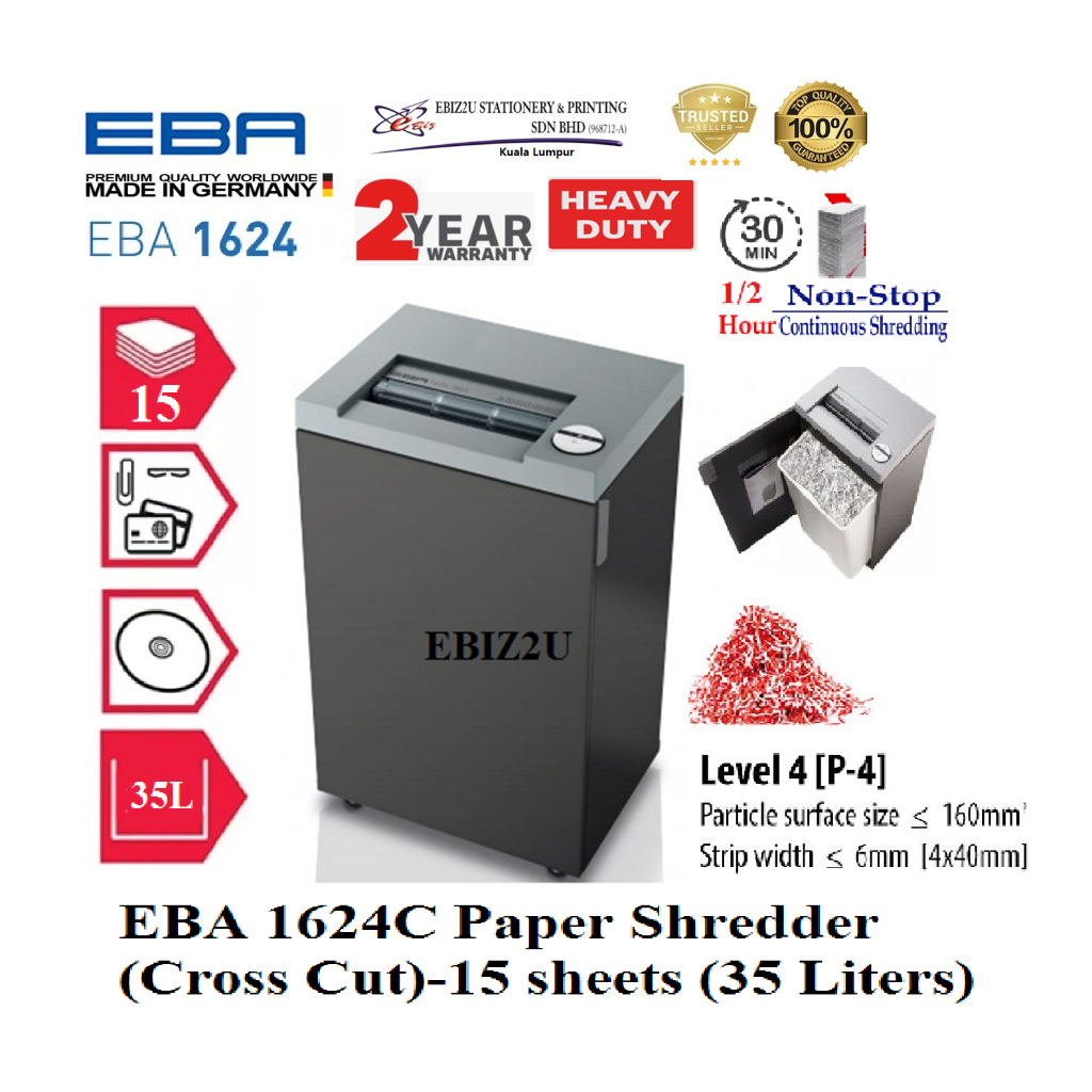 EBA 1624 C Paper Shredder (Cross Cut) 4x40mm -15 sheets (35 Liters) 30 ...