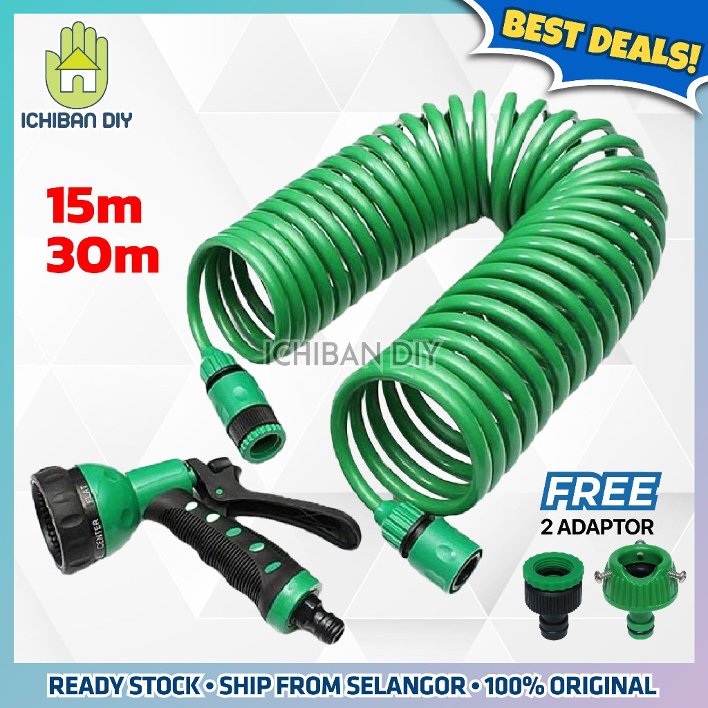 15m/30m Gardening Coil Hose Spray Nozzle Spiral Garden Sprayer Water ...