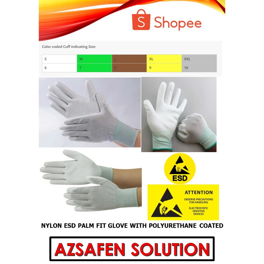 HOTTEMP GREY ESD PALM FIT GLOVE WITH PU COATED (NYLON) | Shopee Malaysia