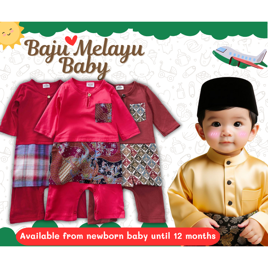 BAJU MELAYU BABY BOY ROMPER RAYA KAIN COTTON RED MERAH RED ORANGE MERAH ...