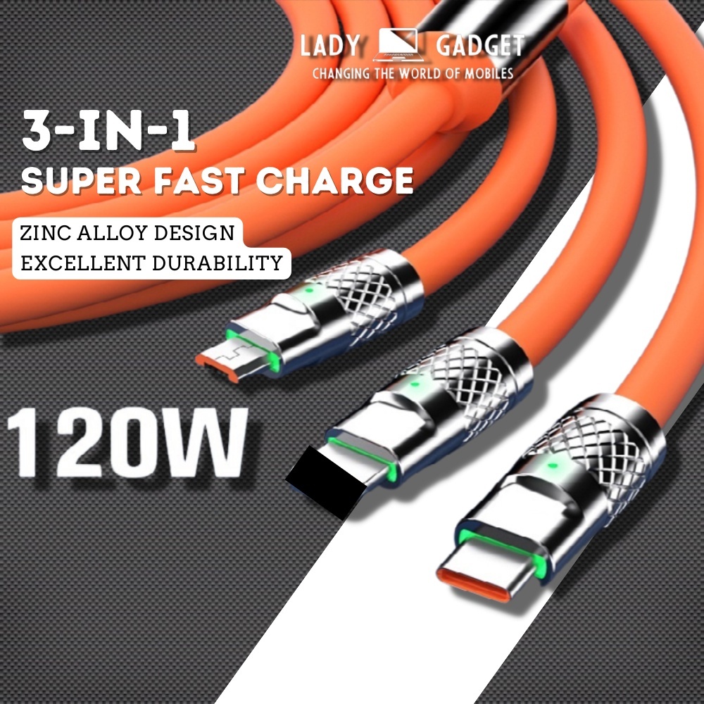 6A 120W Super Fast Charge Cable 3 in 1 Liquid Silicone Cable Quick ...