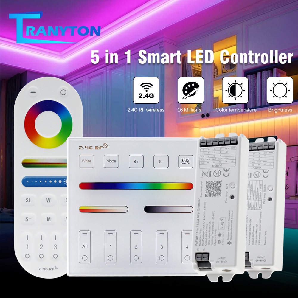 DC5V-24V 5 in 1 LED Controller Single Color CCT RGB RGBW RGBCCT Mode ...