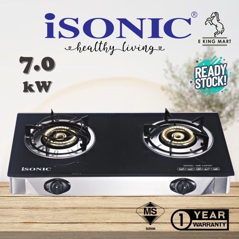 Isonic Gas Cooker Double 2 Burner Stove IGB-120TG7 Tempered Glass 7.0kW ...