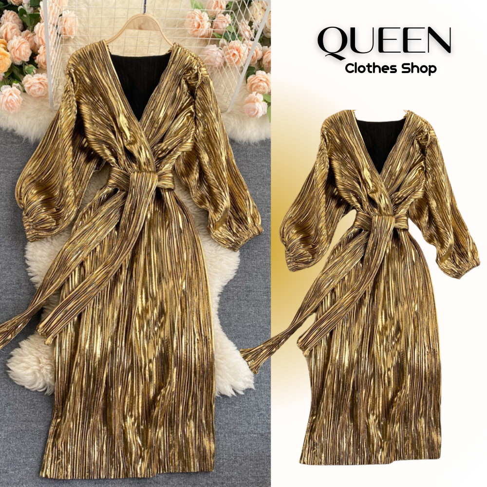 Dresses Gold colour V-neck puff sleeves long dresses Sexy Party Prom ...