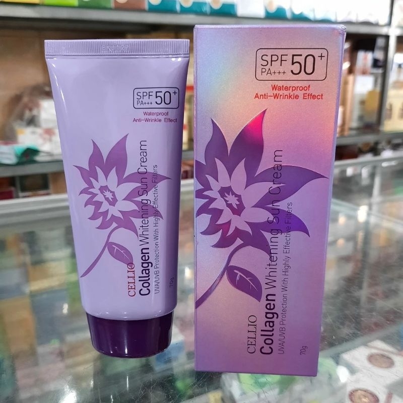Cellio Collagen Whitening Sun Cream SPF50+ PA+++ 70ml (Purple) | Shopee ...
