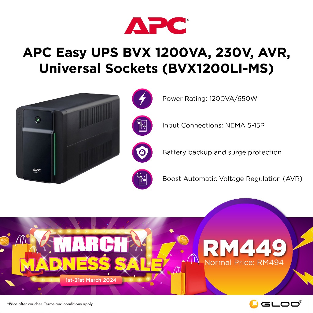 APC Easy UPS BVX 1200VA, 230V, AVR, Universal Sockets BVX1200LI-MS ...