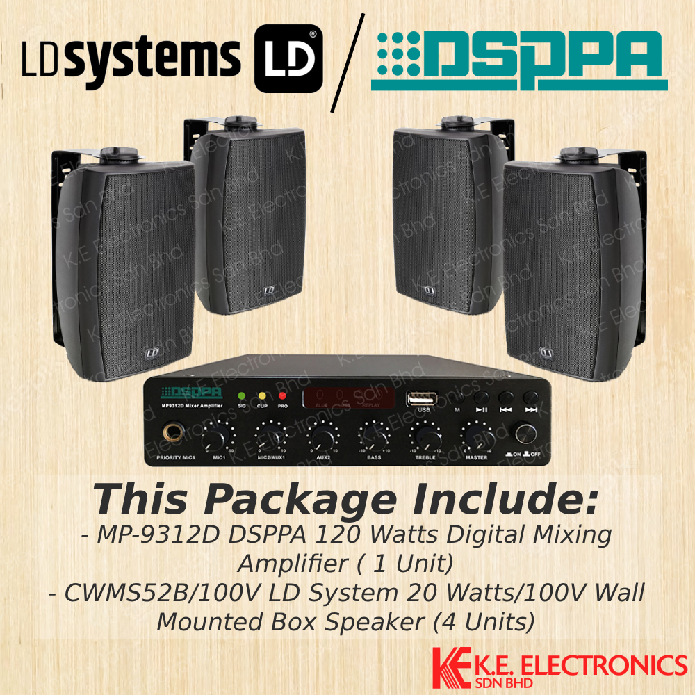 PA Package with DSPPA 120 Watts Mixing Amplifier with Bluetooth/USB & 4x LD System 30 Watts Wall ...