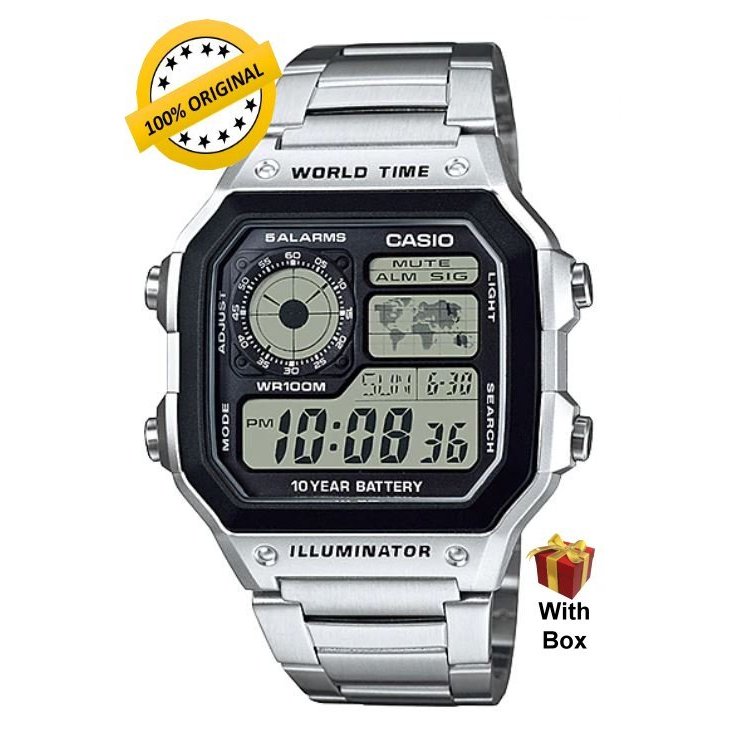 (Men) 100% ORIGINAL CASIO AE-1200WHD-1AVDF World Time,World Map Stainless Steel Digital Men ...