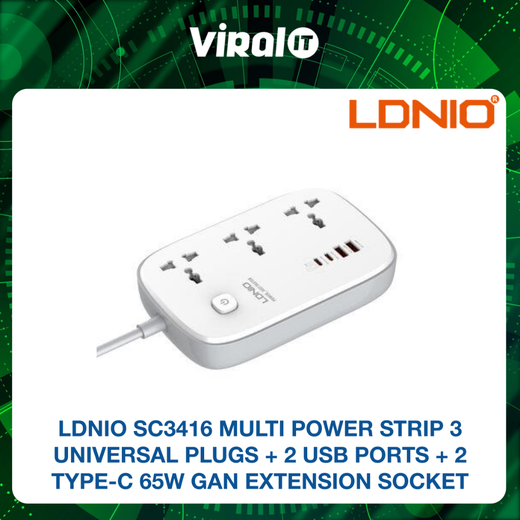 LDNIO SC3416 MULTI POWER STRIP 3 UNIVERSAL PLUGS + 2 USB PORTS + 2 TYPE ...