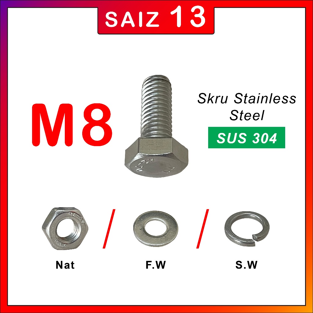 STAINLESS STEEL (M8) BOLT AND NUT/SCREW AND NUT/SKRU/BOLT/NUT STAINLESS ...