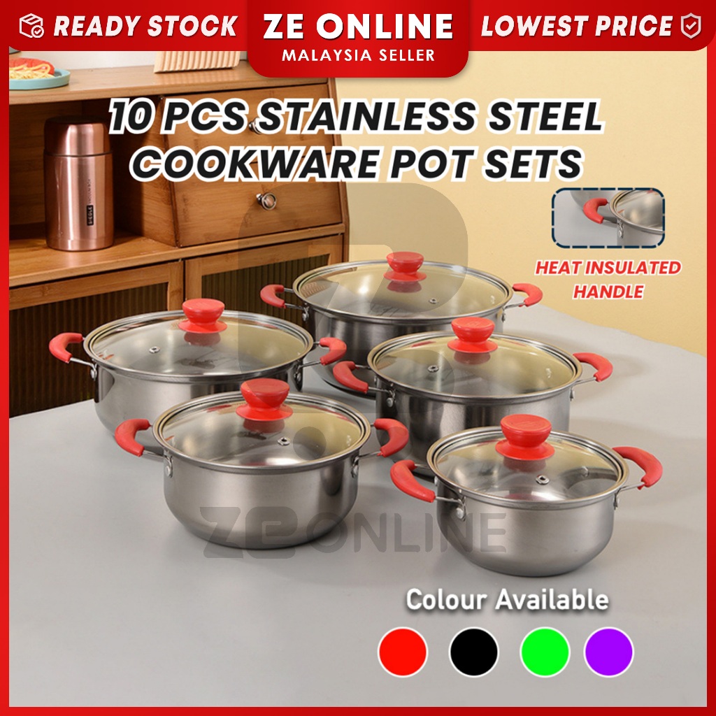 10PCS Stainless Steel Pot Set With Insulated Handle/Periuk Murah ...