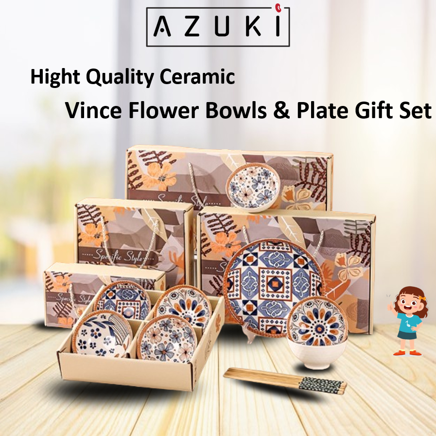 AZUKI Vine Flower Design Ceramic Dinnerware Gift Set With Box Bowl Set ...