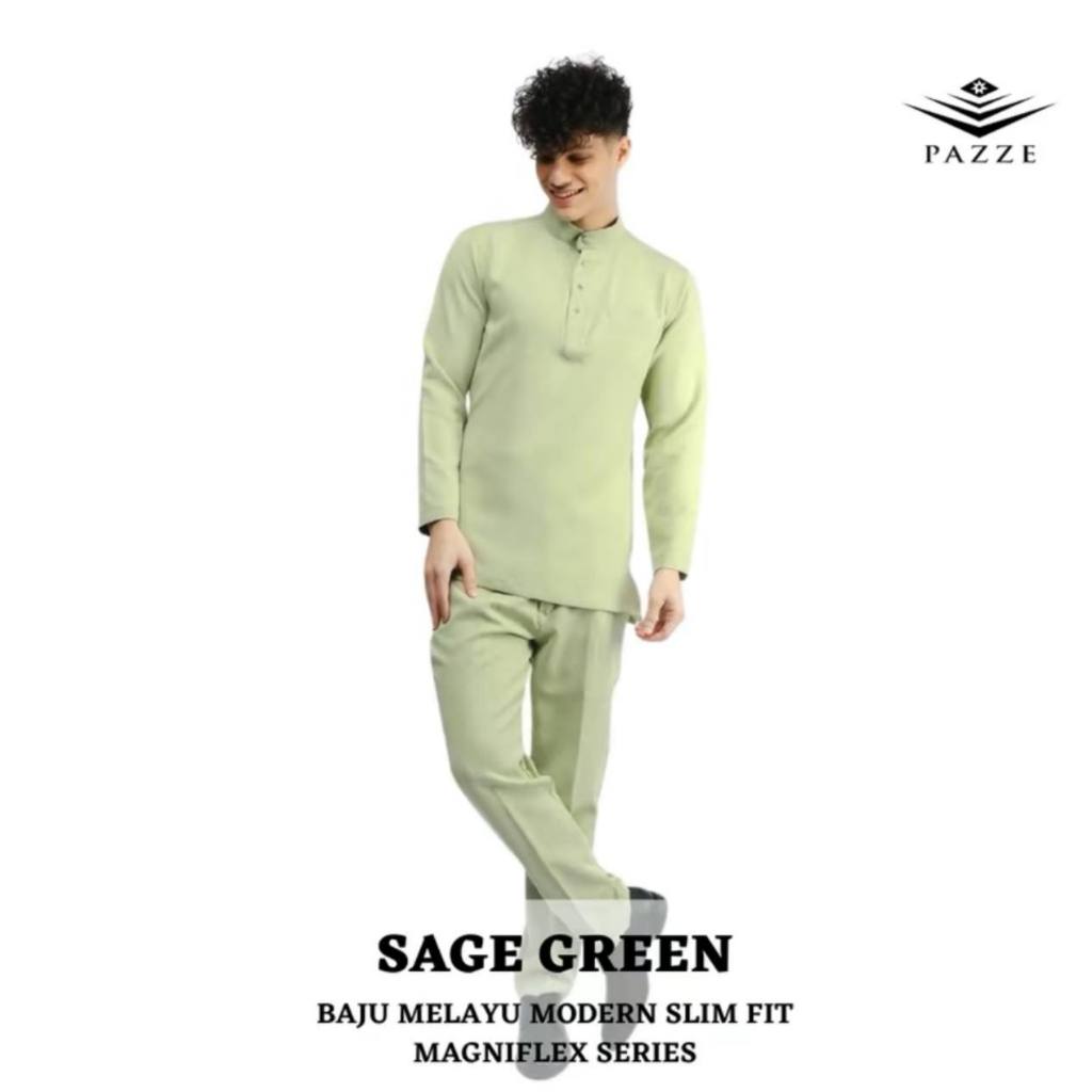 [Magniflex] Sage Green BAJU MELAYU FLEXY STRETCH SLIM FIT + FREE Butang ...