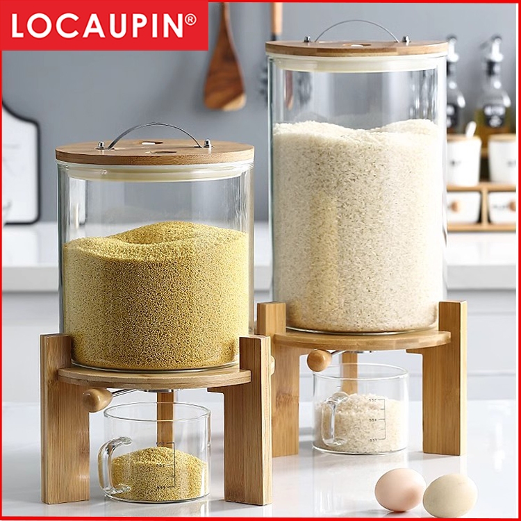 Locaupin Glass Rice Dispenser, Rice Storage Container,Flour and Cereal ...