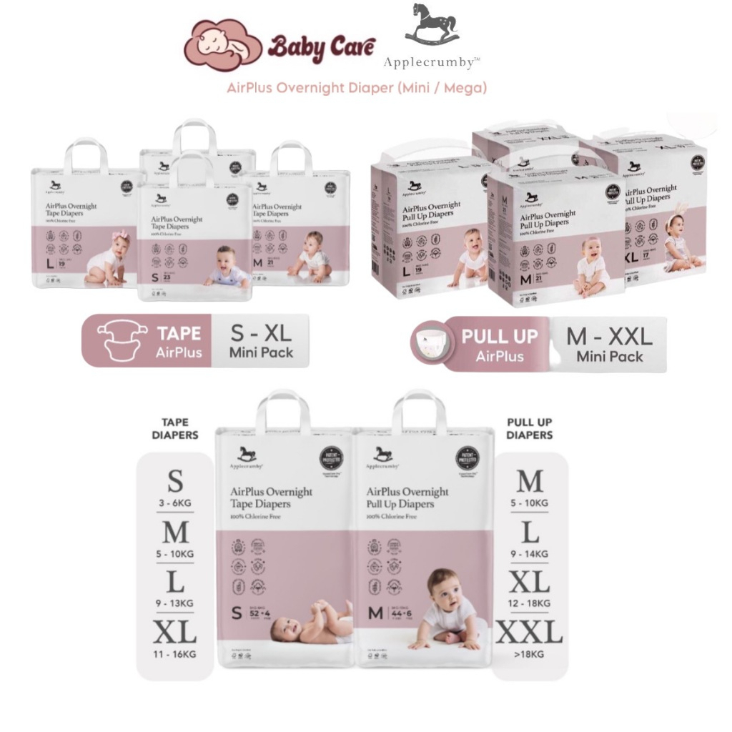 Applecrumby® AirPlus Overnight Tape & Pull Up Diapers (Mini pack & Mega ...
