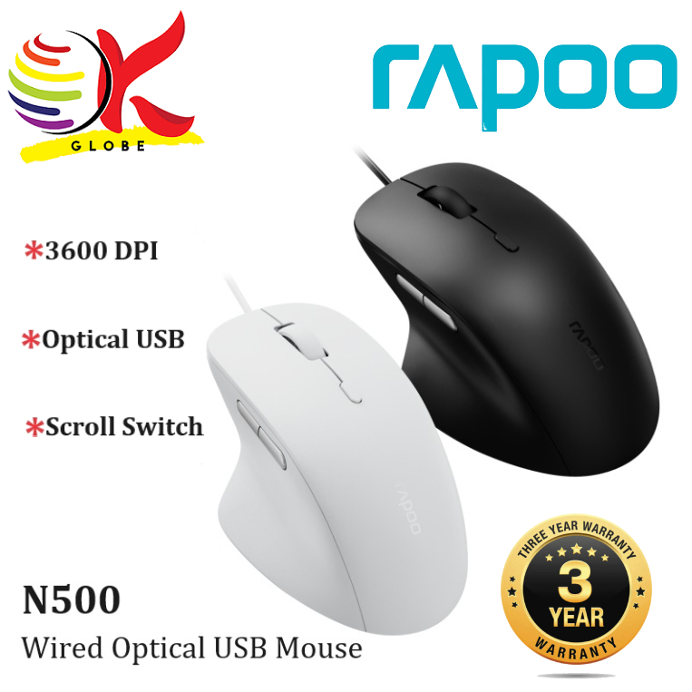 RAPOO N500 USB WIRED MOUSE OPTICAL 3600DPI ADJUSTABLE MOUSE WITH 3 BUTTONS / 1.5M CORD / OPTICAL ...
