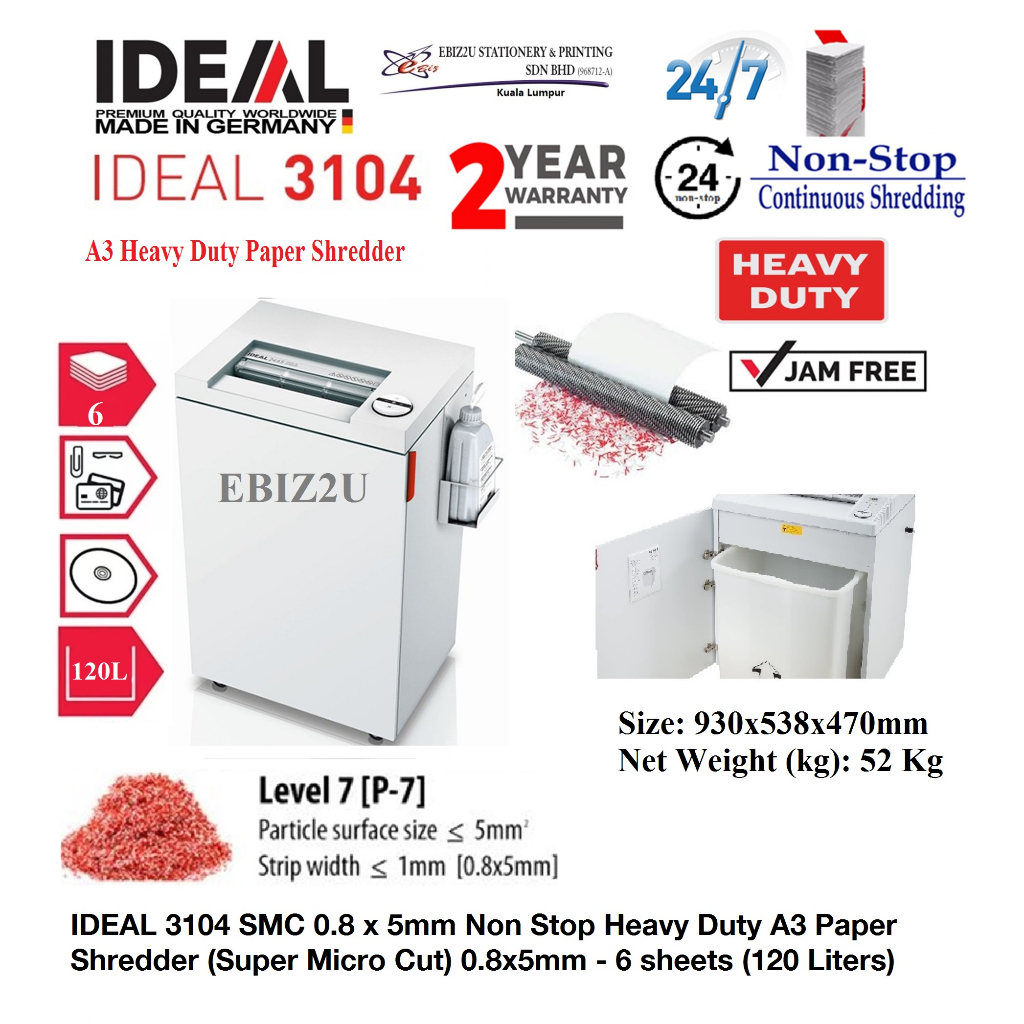 IDEAL 3104 SMC 0.8 x 5mm Oiler Heavy Duty A3 Paper Shredder Super Micro Cut 6 sheets 120 Liters ...