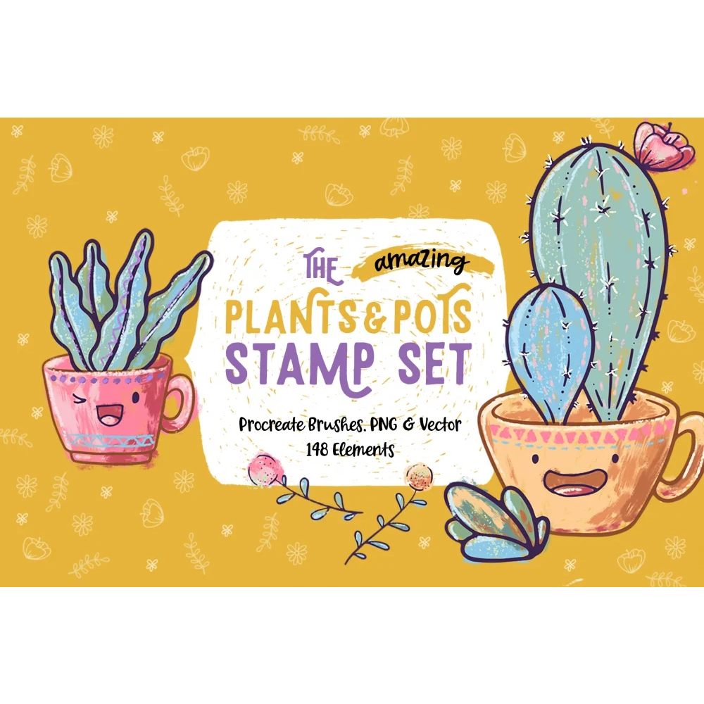 [P442] Plants & Pots Stamp Set for Procreate | Plant Flower Pots Cute Faces | Procreate Brushes ...
