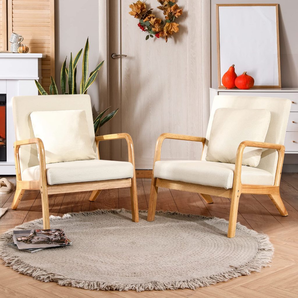 Single Sofa chair Arm Chair Linen fabric Solid wood chair living room ...