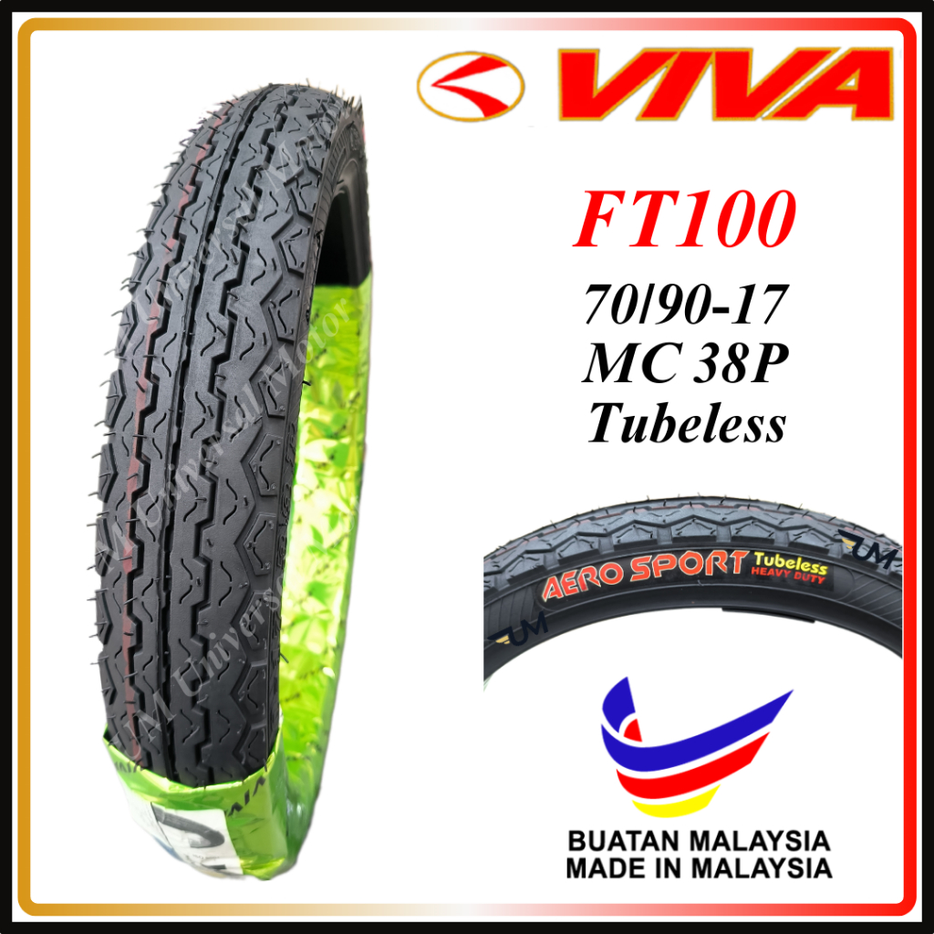 VIVA TUBELESS TYRE FT100 70/90-17 80/90-17 17" FT 100 TAYAR TIRE TL 17 INCH BUNGA VIRAL Y15 RSX ...