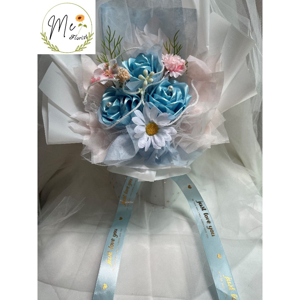 3 Stalk Handmade Light Blue Ribbon Flower Bouquet with LED and Box ...