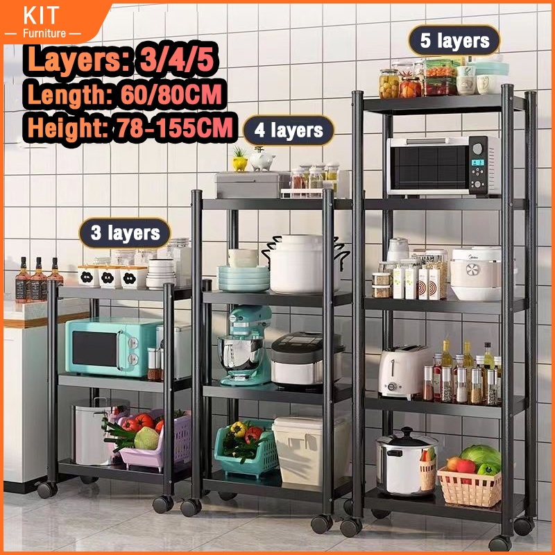3/4/5 Layer Removable Wheeled Storage Rack Cabinet Kitchen Shelf ...