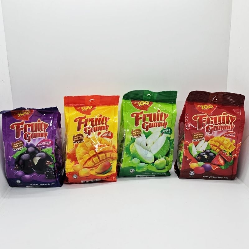 LOT 100 Fruity Gummy Candy (130g / Halal) Assorted, Apple, Orange, Mango, Blackcurrant (Gula ...
