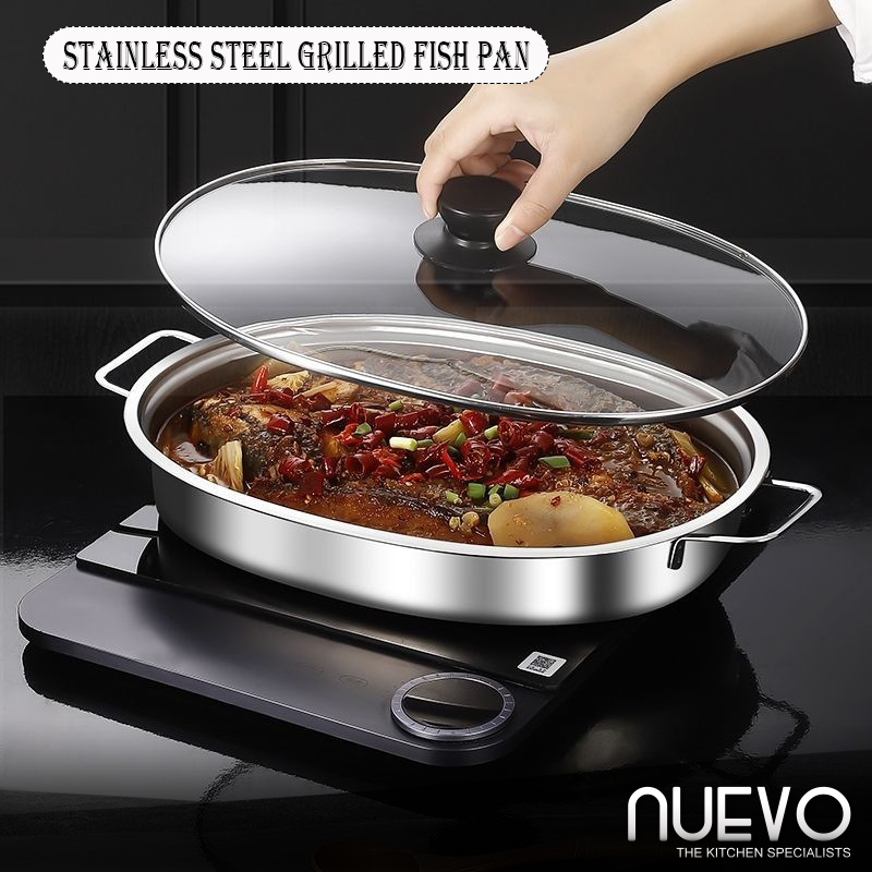 Stainless Steel Grilled Fish Pan With Lid Steaming Food Grilled Pan ...