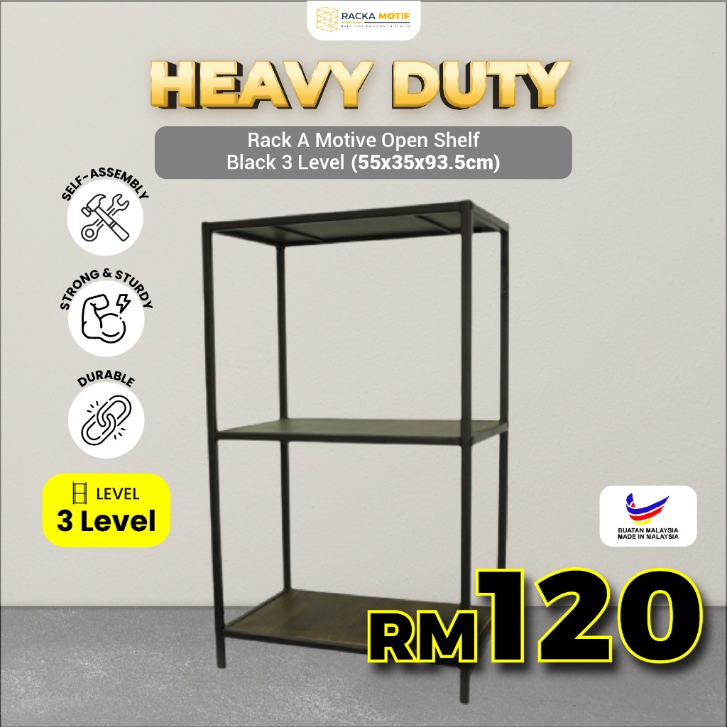 Rack A Motive Open Shelf 3 Level - Loading Hang up to 100KG Black Rack ...
