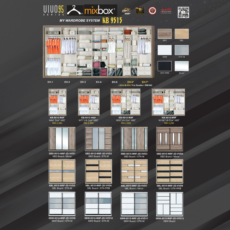 MIXBOX VIVO95 Wardrobe+Top Width 5ft & 6ft & 8ft & 9ft x Height 8ft / Customize Door ...